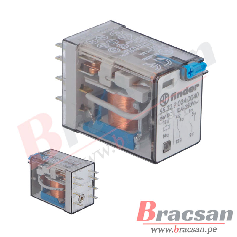 RELAY DE 24VDC 10A 250VAC DPDT 8 PINES FINDER 55.32.9.024.0040 | Bracsan